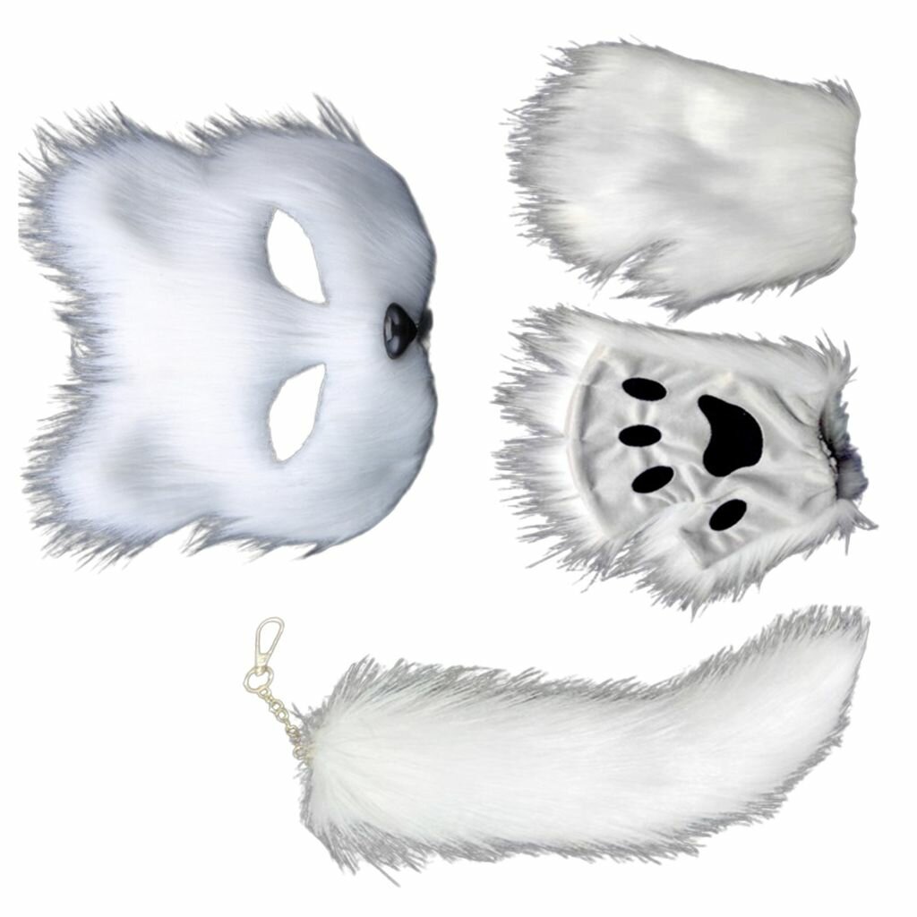 (1 комплект) Маска длинношерстной лисы, перчатки, хвост-белый