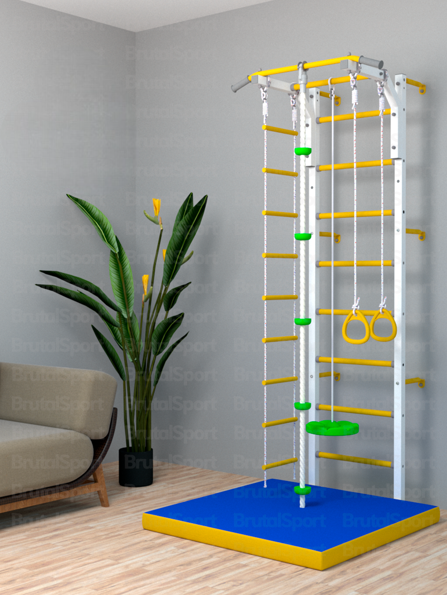 Шведская стенка для детей LUXE "Бело-желтая" со съемным турником