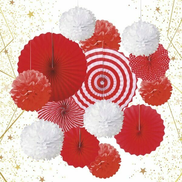 Веера с помпонами Серпантин "Праздничное утро!", 14 предметов, красный, белый