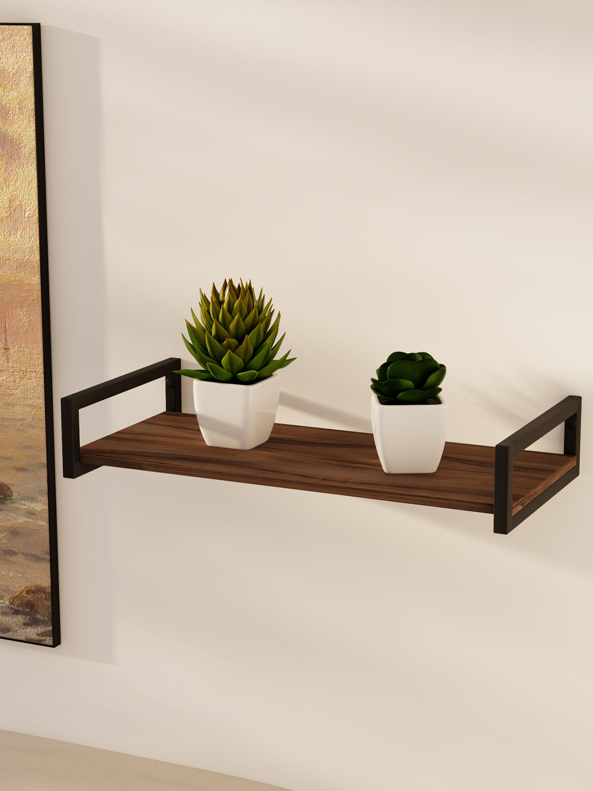 Настенная полка IamLoft, лофт, открытая, универсальная, ЛДСП/металл, ясень тёмный, 69x33x12 см