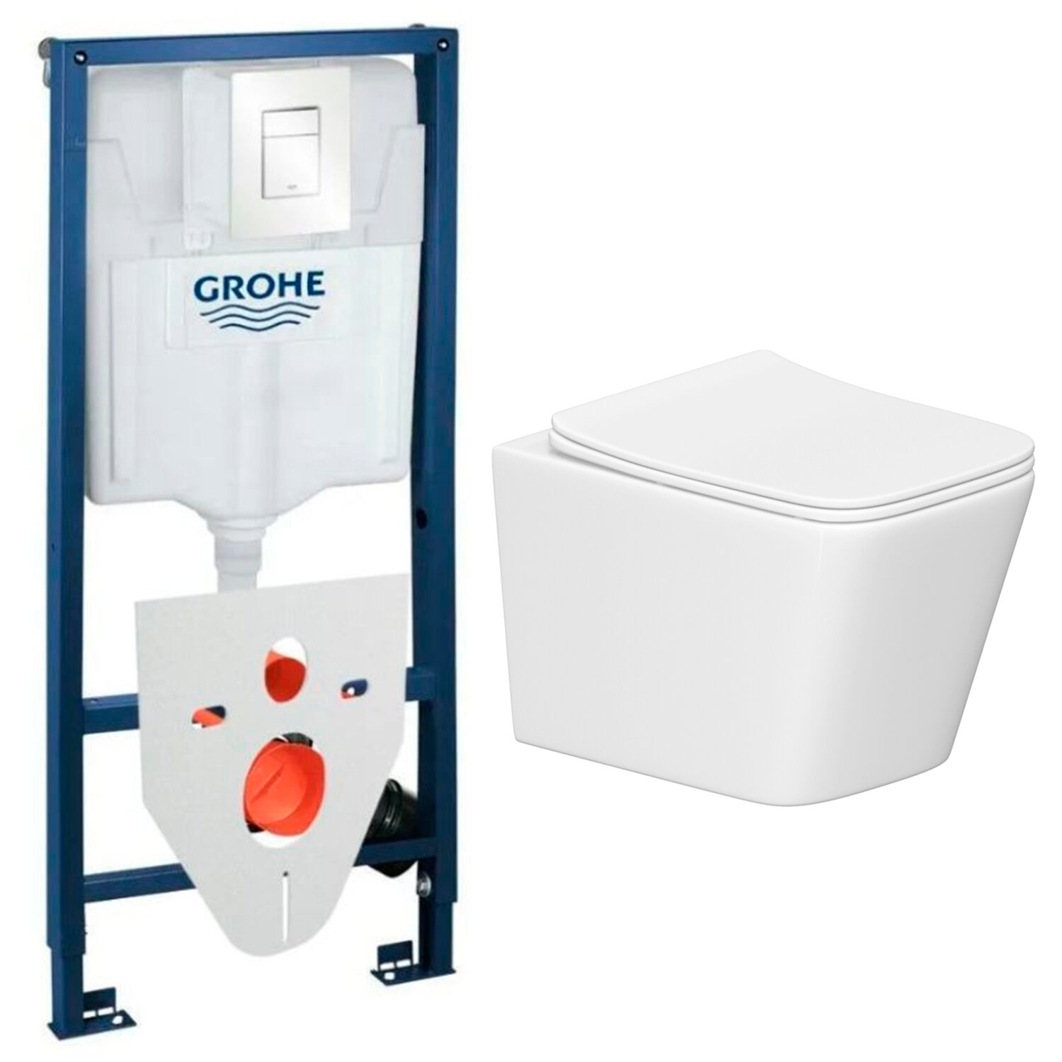 Инсталляция с унитазом комплект: унитаз подвесной Helmken 35120001, безободковый, сиденье с микролифтом из дюропласта, инсталляция Grohe, шумоизоляция, кнопка смыва