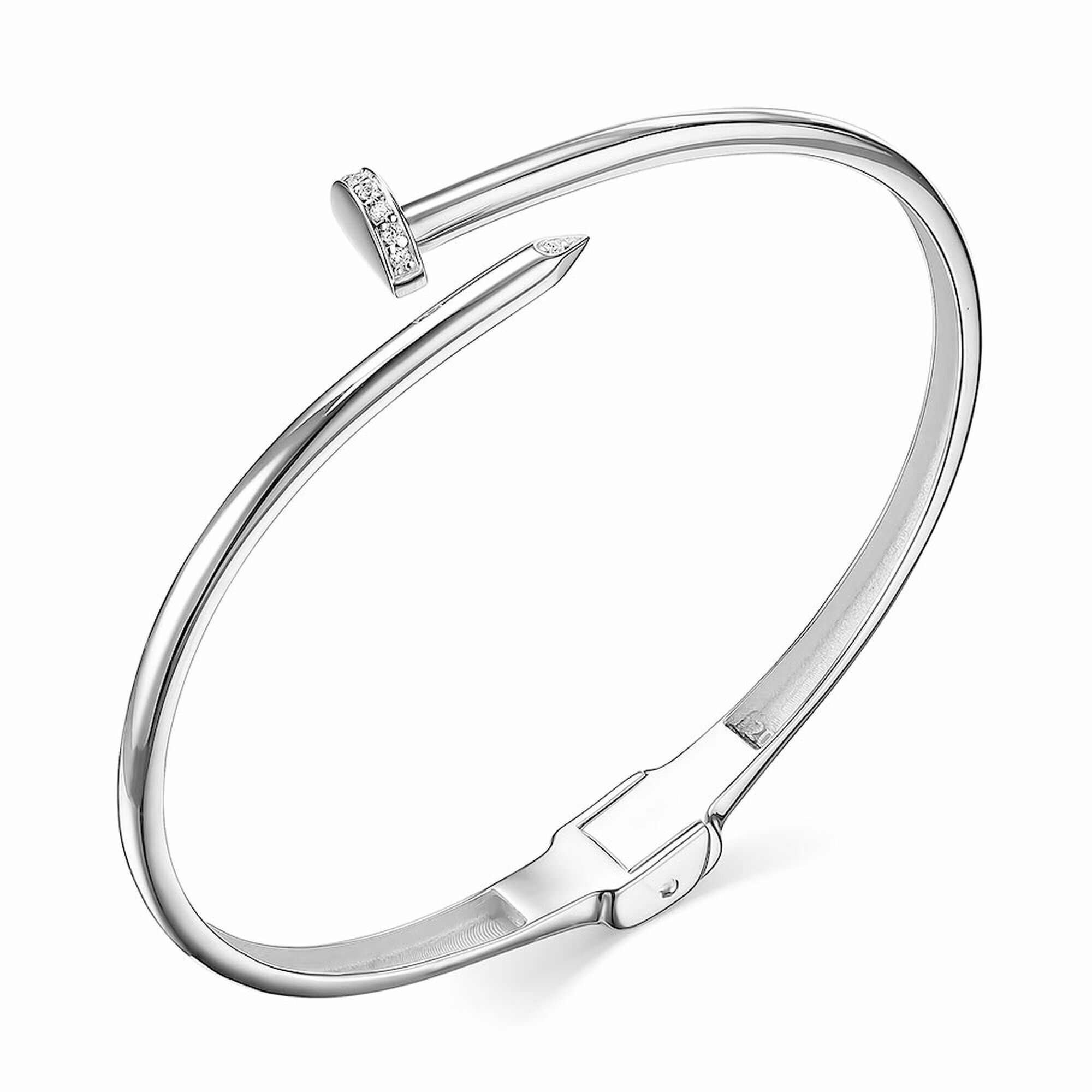 Жесткий браслет, серебро, 925 проба, родирование, фианит