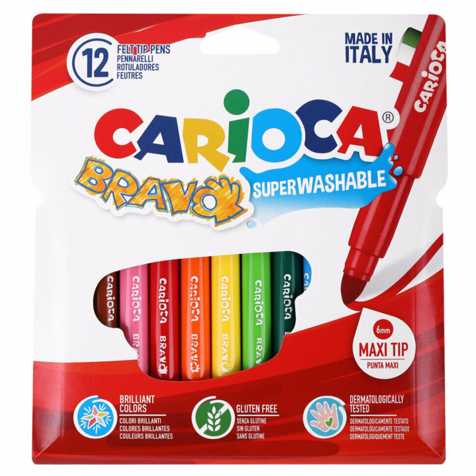 Фломастеры утолщенные CARIOCA (Италия) "Bravo", 12 цветов, суперсмываемые, 42755, 151910