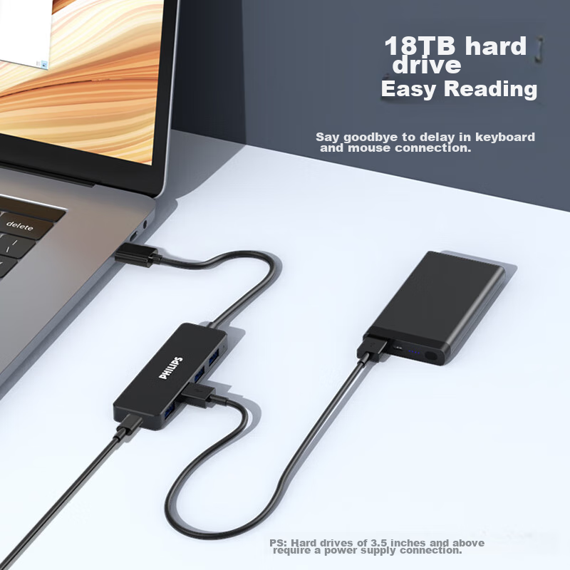 Philips USB 3.0 Hub, High-Speed Expansion Dock, 4-Port Hub, Multi-Port Adapter, Laptop Converter, with Type-C Power Port, 0.2 Meters