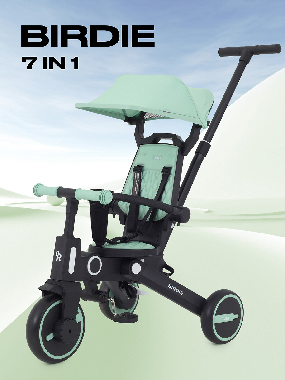 Детский складной трехколесный велосипед с родительской ручкой Rant Birdie Mint