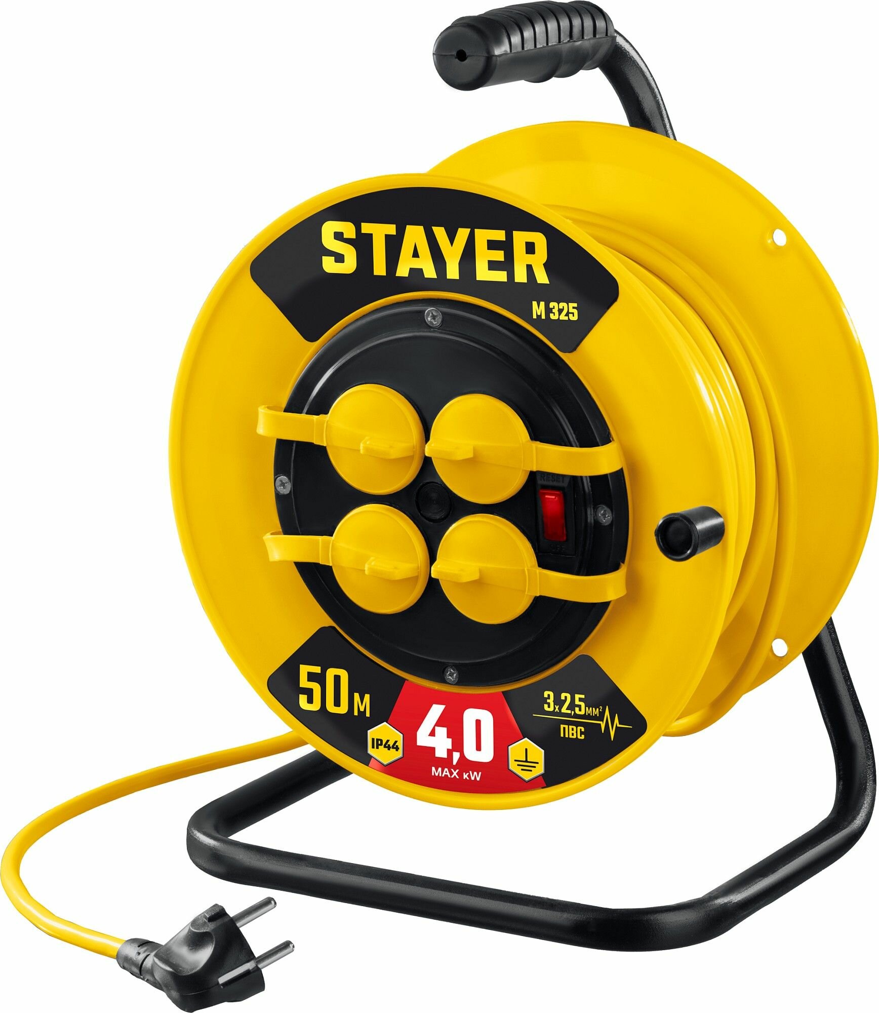 Силовой удлинитель STAYER М-325, 3 х 2.5 мм2, 50 м, 4000 Вт, IP44, на катушке ПВС 55064-50