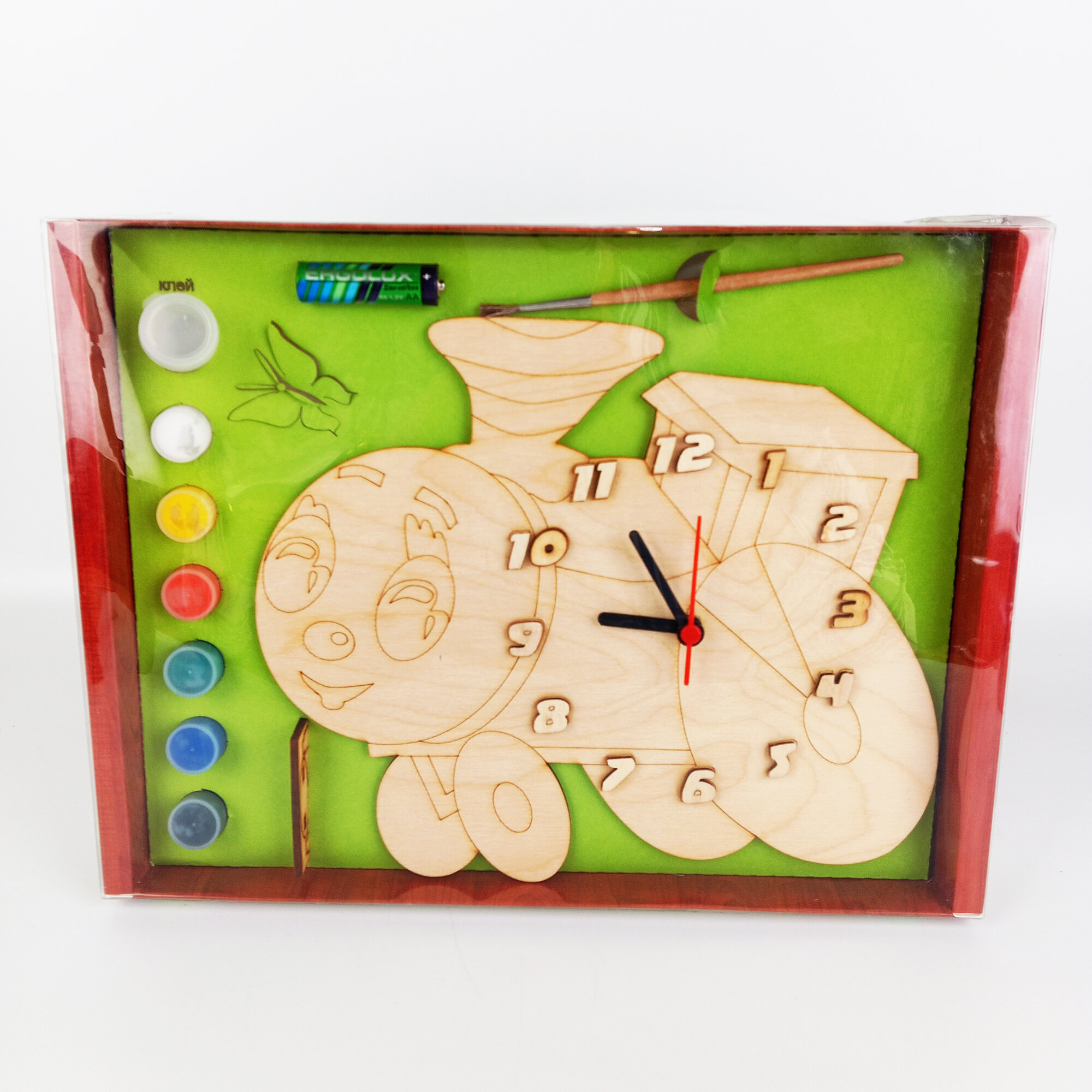 Часы Нескучные Игры "Паровозик", с красками, дерево, для росписи, от 5 лет, красные