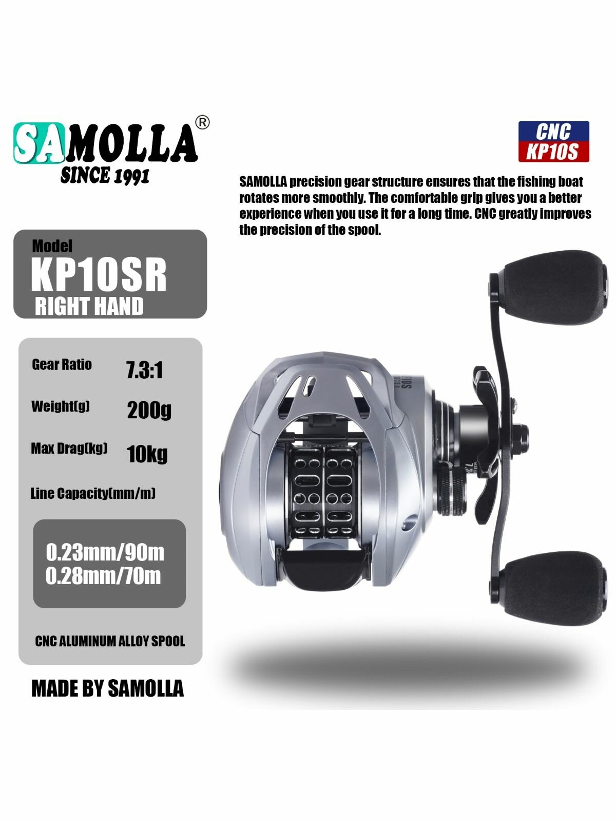 Катушка мультипликаторная, под правую руку, 7 подшипников, 10 кг нагрузка, серебристый цвет