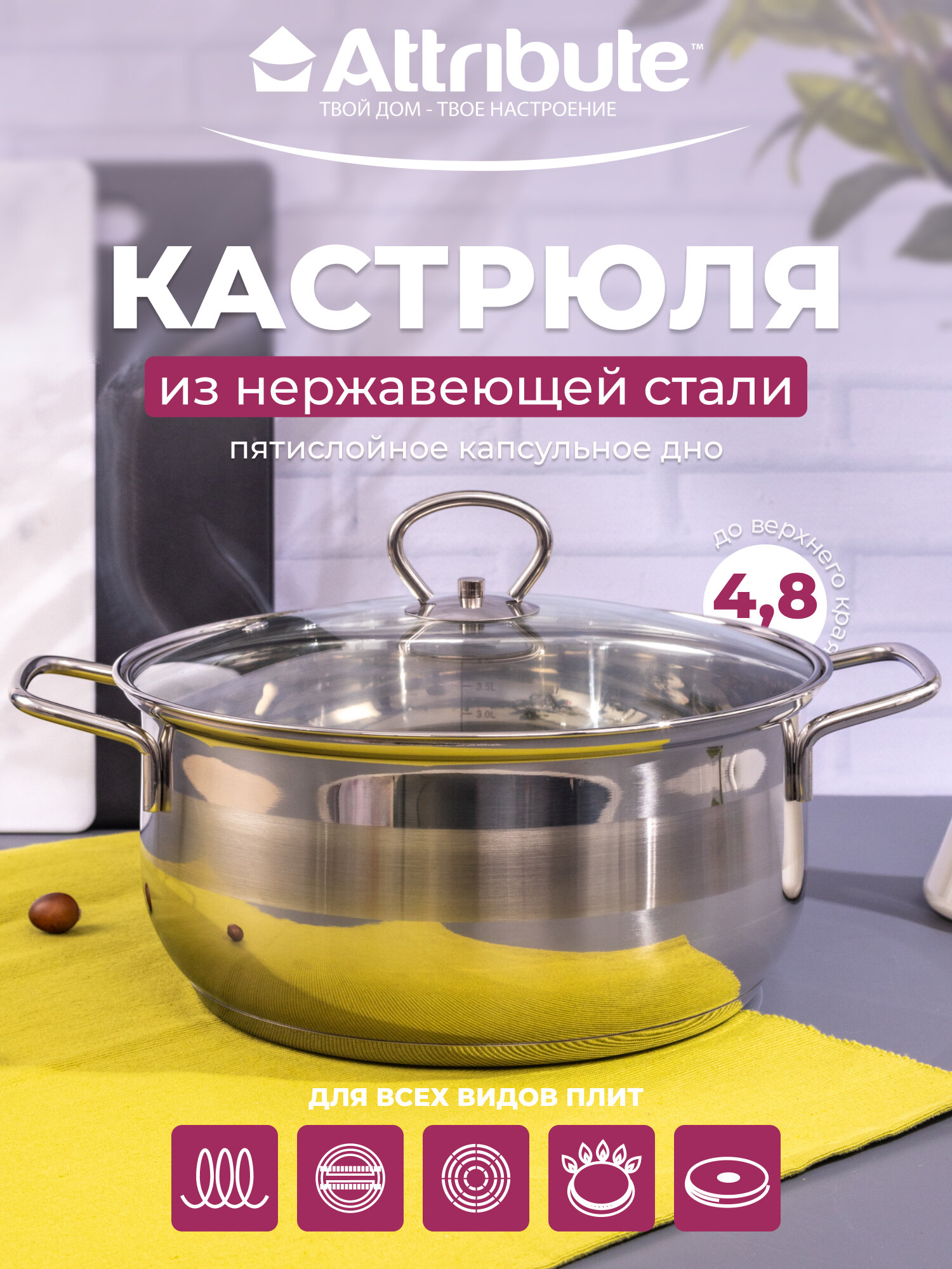 Кастрюля из нержавеющей стали со стеклянной крышкой OLIVIA 24х11.5см 4.8л, ATTRIBUTE STEEL