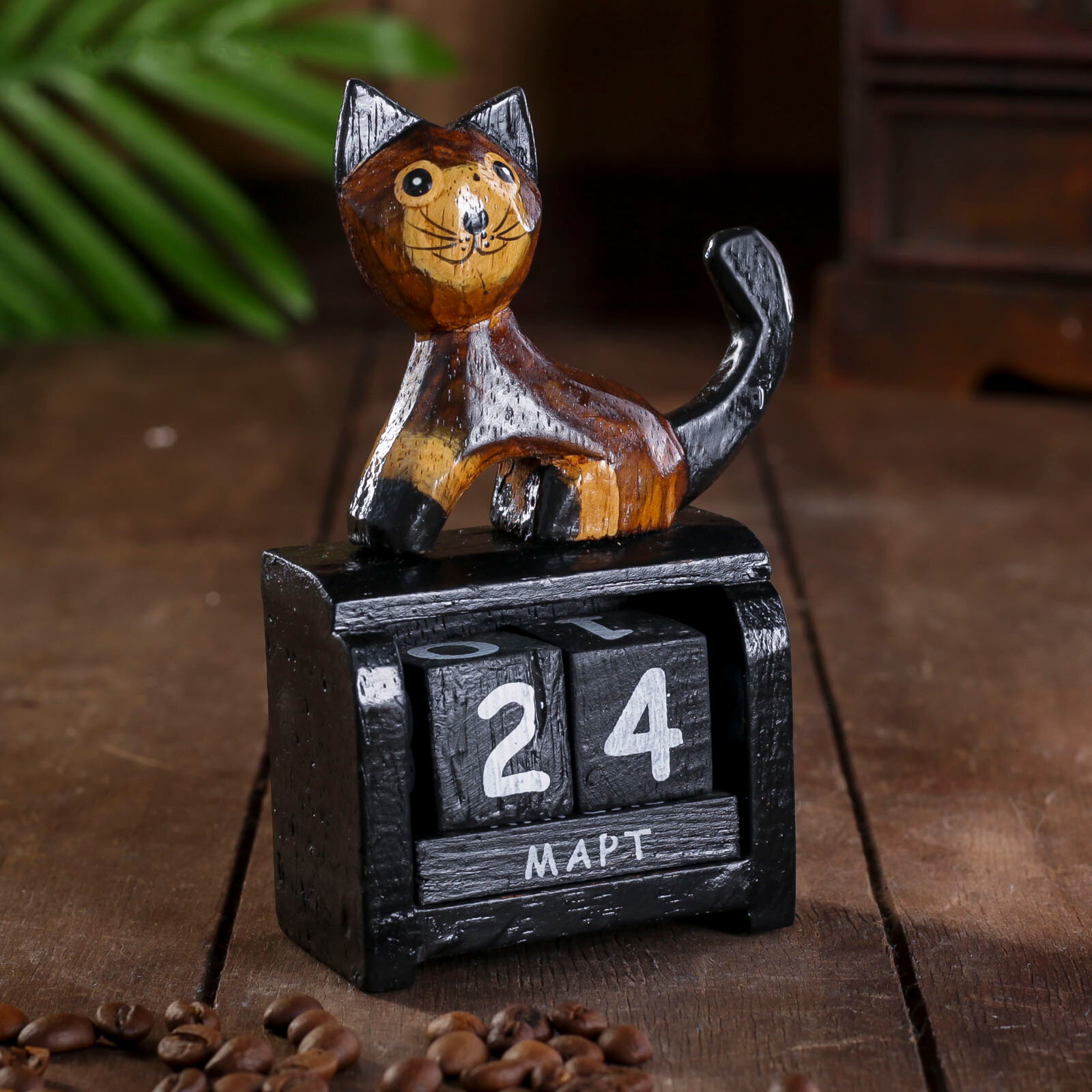 Вечный календарь настольный "Котик" размер 4×7×12 см, из дерева