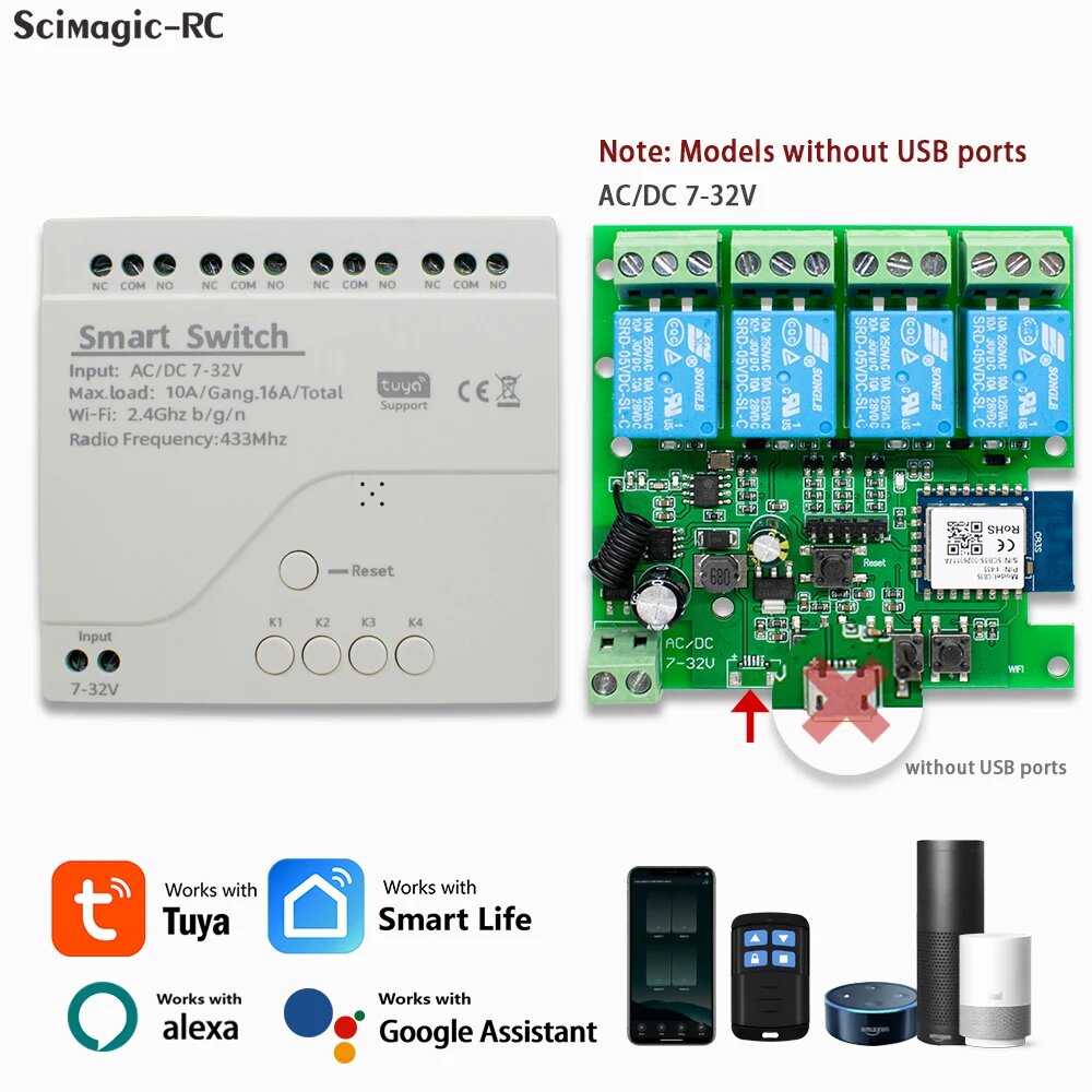 Scimagic-RC Умный реле 4-х канальный WiFi/Zigbee 220В Tuya 7-32V