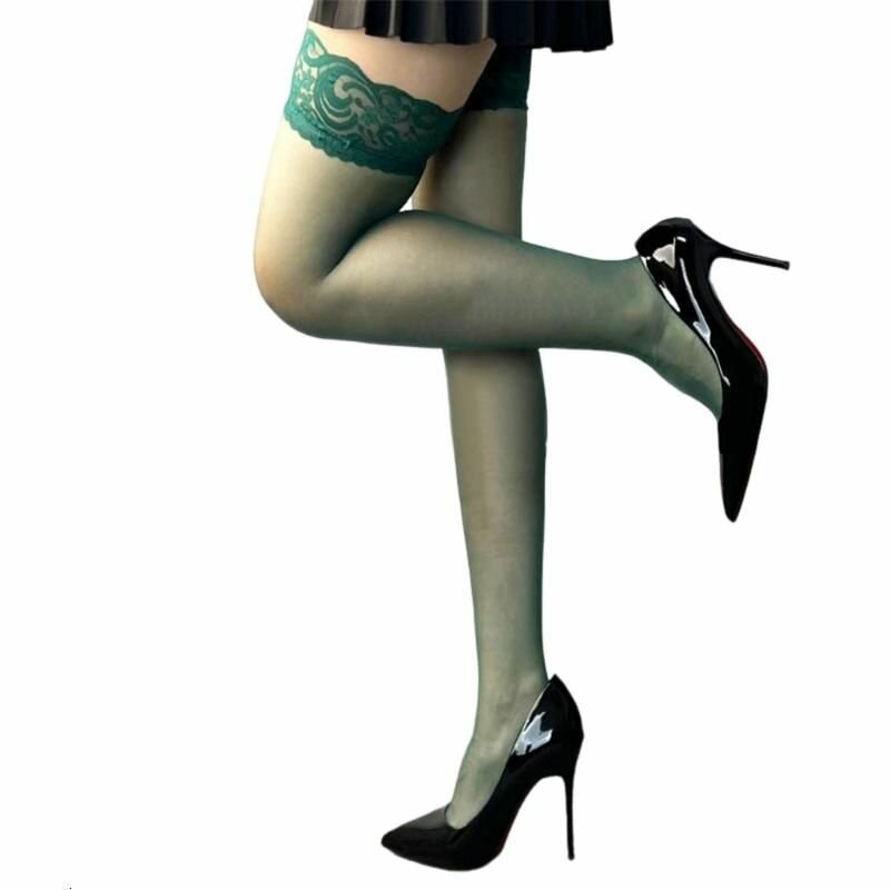 Чулки до бедра с кружевом, Зеленый кружевной силикон