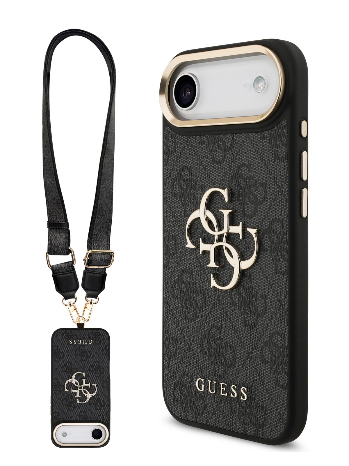 Guess чехол с ремешком для iPhone Air, Crossbody PU кожа 4G Big metal logo Gold camera, черный