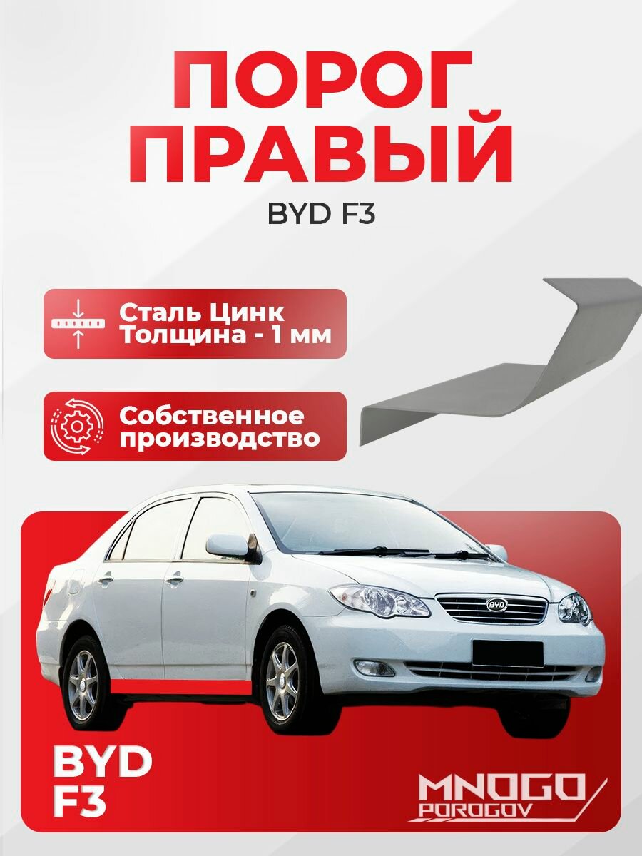 Правый порог на BYD F3 седан 4 двери 2005-2013, оцинкованная сталь, толщина 1 мм Бид Ф3, правая сторона, кузовной ремонт.