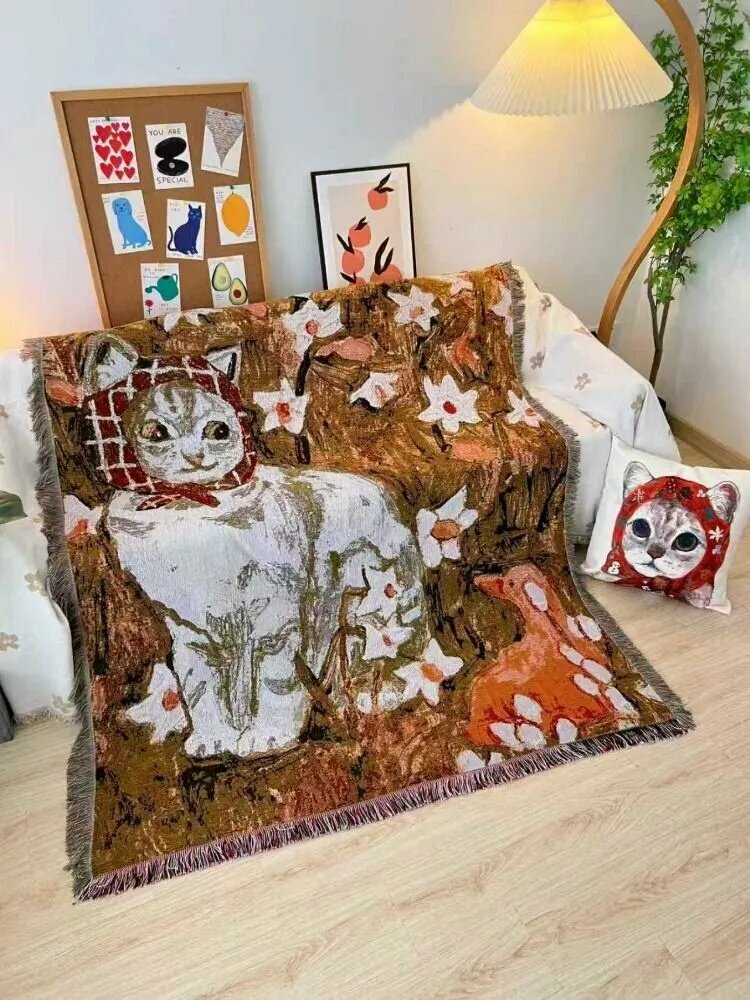 Плед вязаный, пэчворк Декоративное одеяло для рисования маслом в стиле ретро , Лавсан, Хлопок, 160 см х 130 см