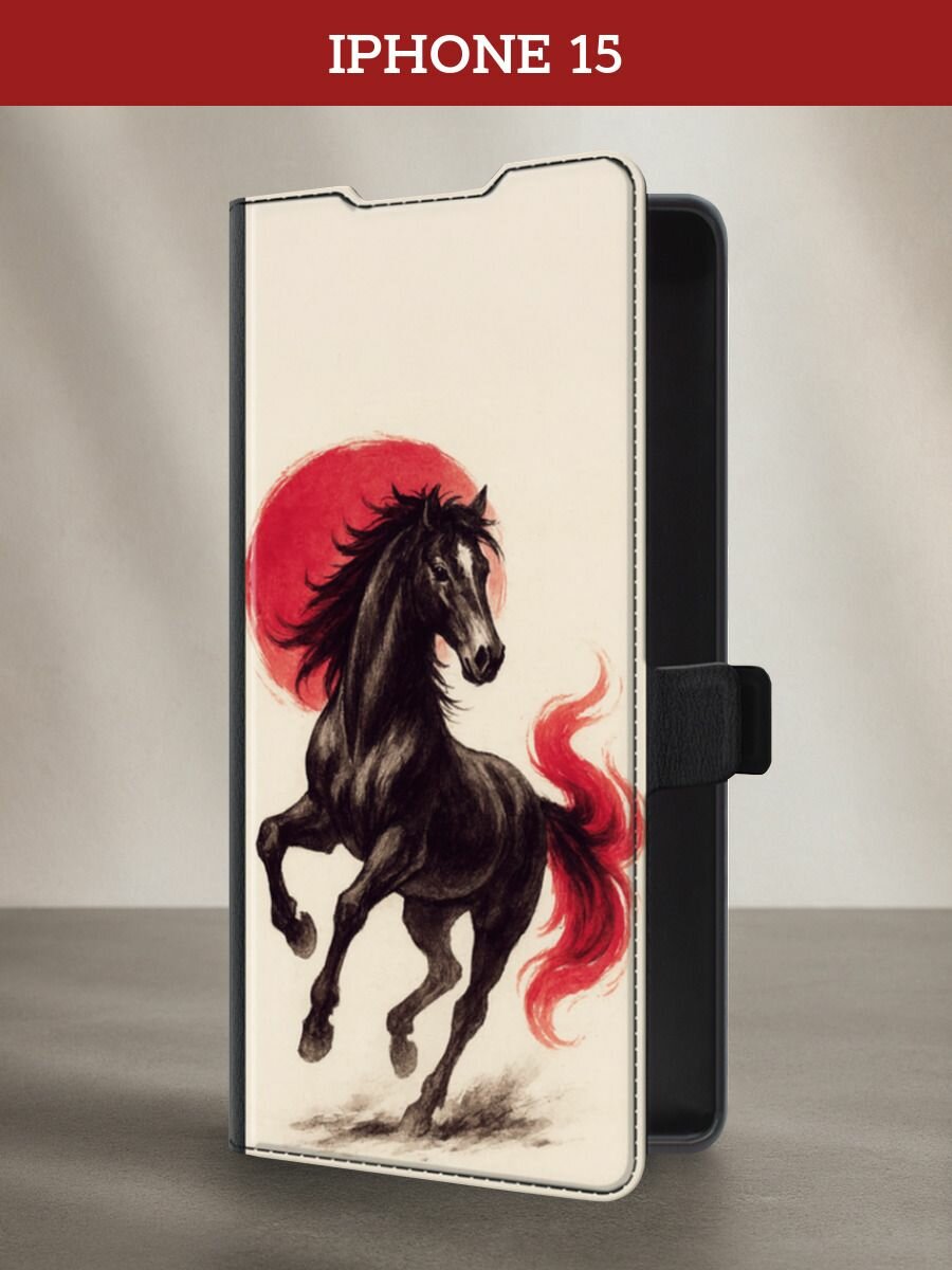 Чехол-книжка на Apple iPhone 15 / Айфон 15 с принтом Красный вихрь, черный