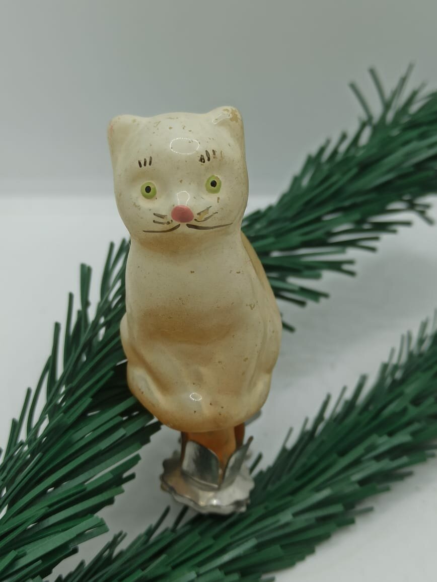 Елочная игрушка на прищепке Кошка Муренка винтажная, стекло, СССР