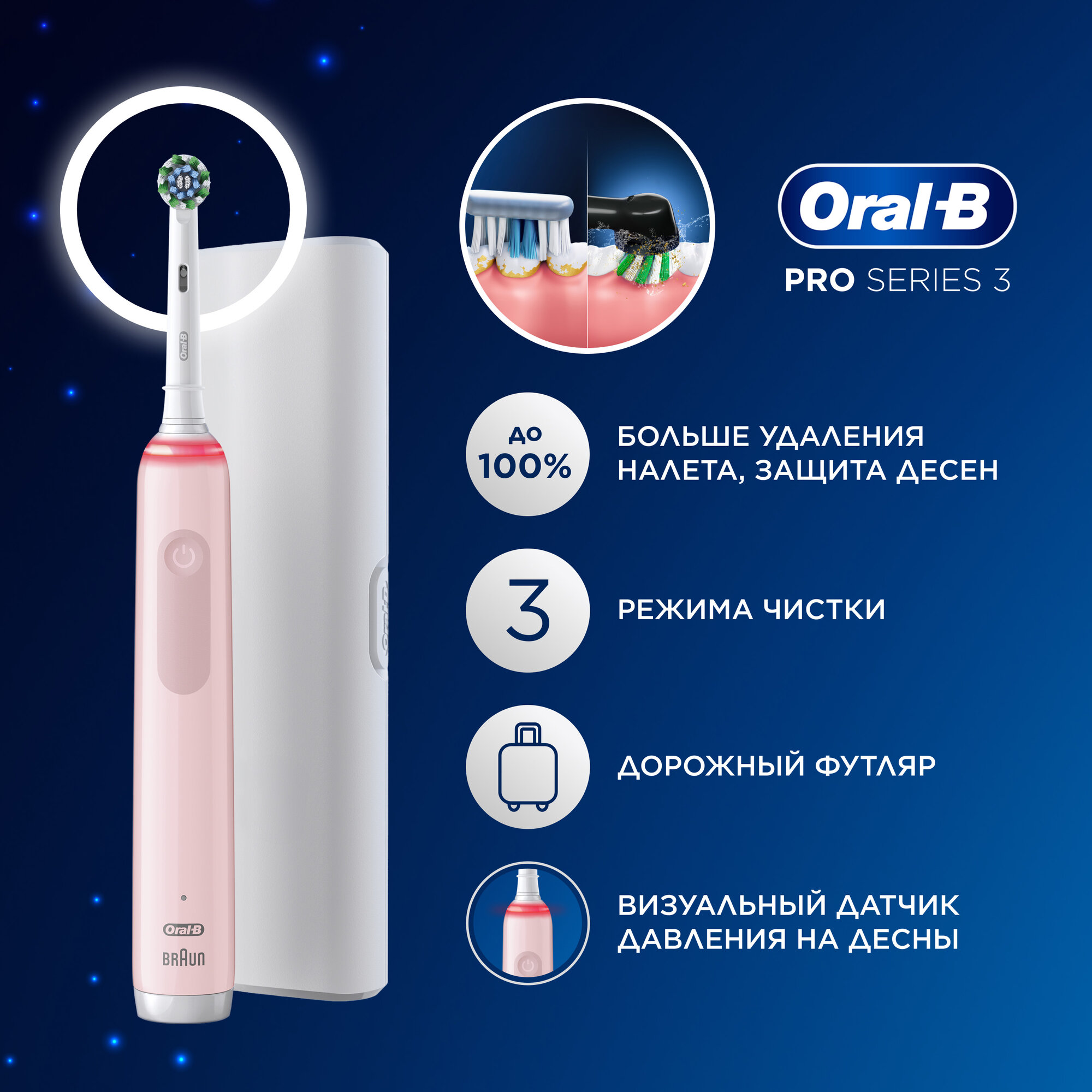 Электрическая зубная щётка Oral-B Pro Series 3, 1 сменная насадка, дорожный футляр, с визуальным датчиком давления, Розовая