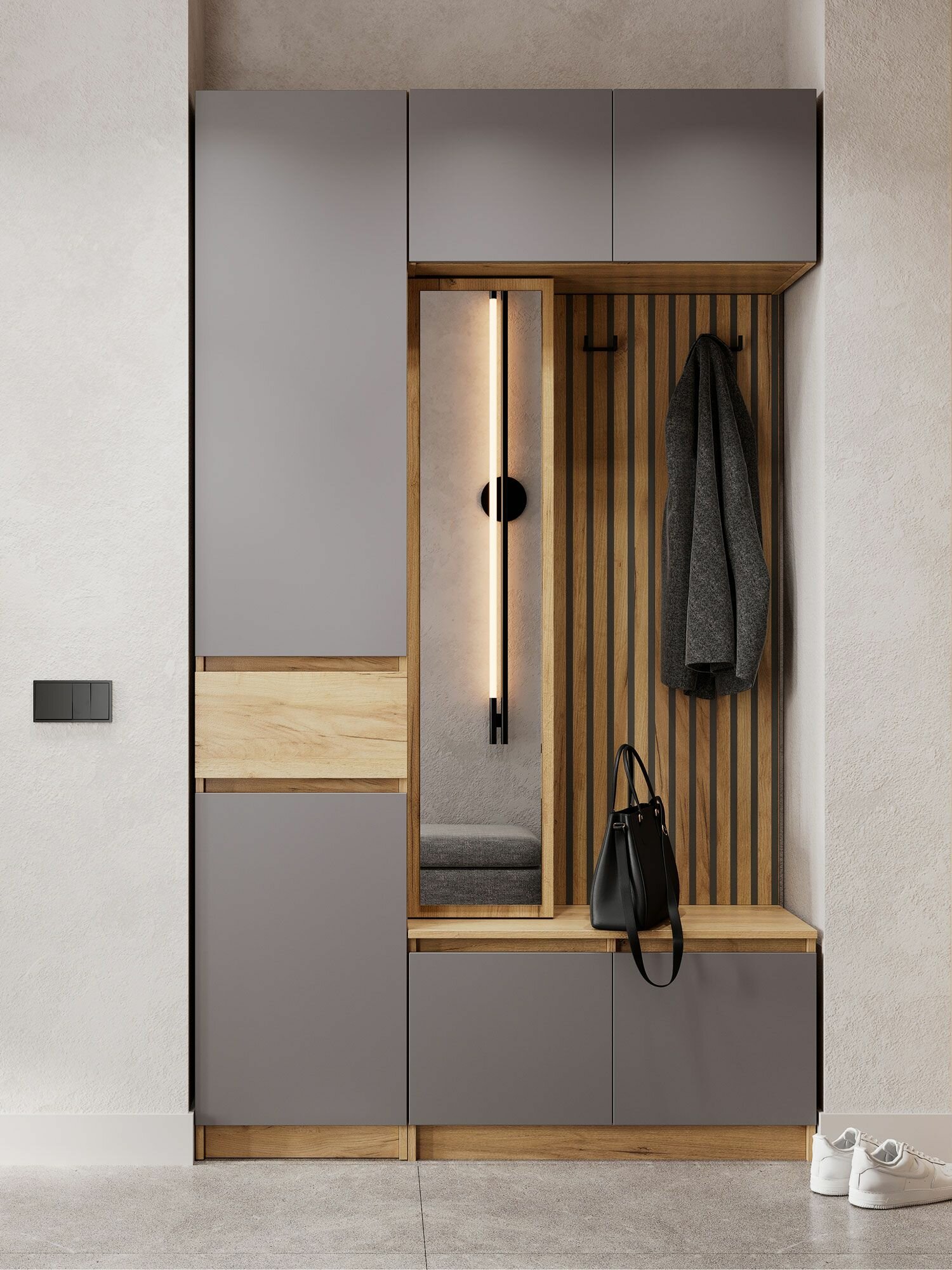 Прихожая комплект Бостон Лайт Миди с вешалкой, со шкафом, с зеркалом, с обувницей, 120х41.5х210 см, Дуб Крафт золотой / Серый шифер