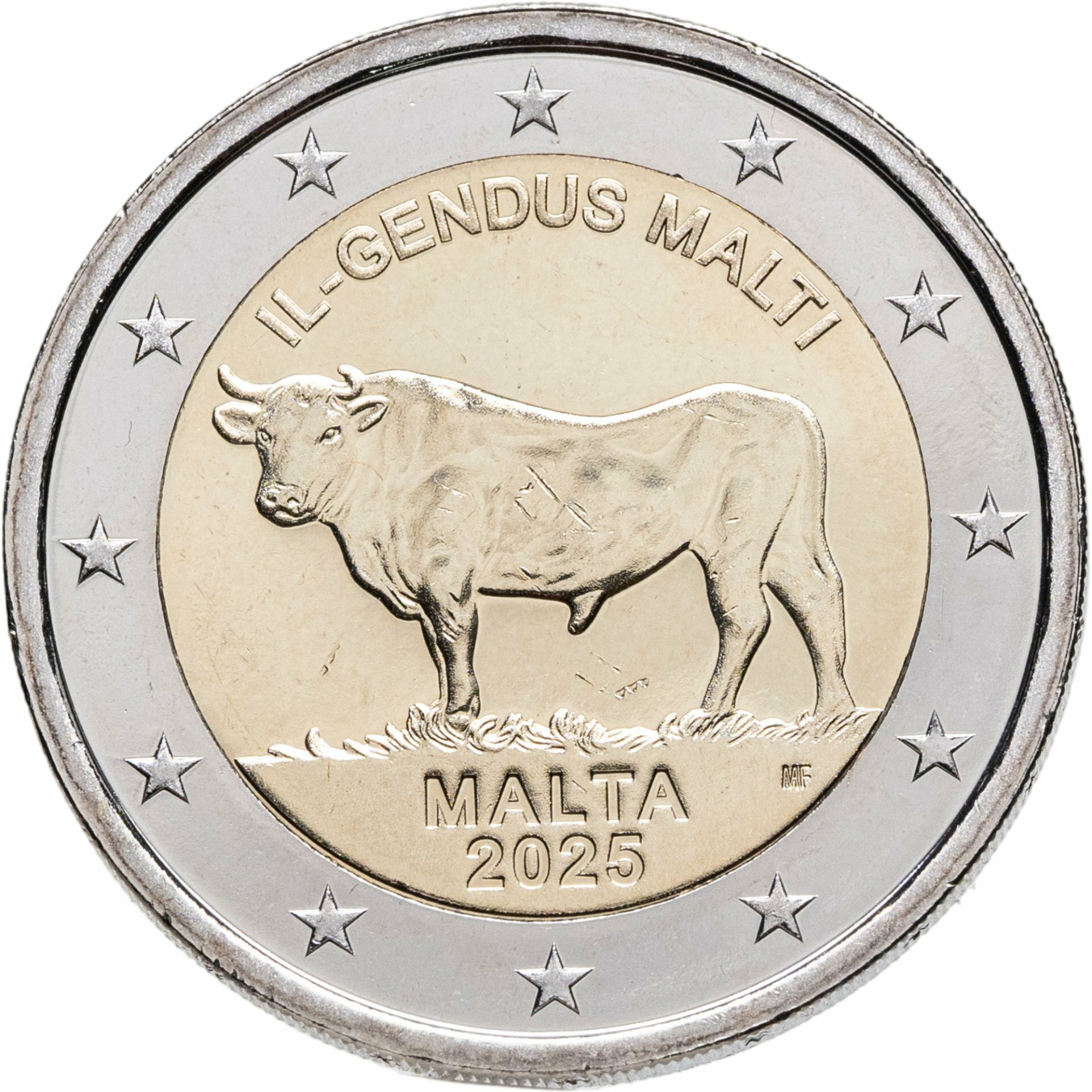 Мальта 2 евро 2025 Мальтийский бык, Биметалл, в сохранности UNC