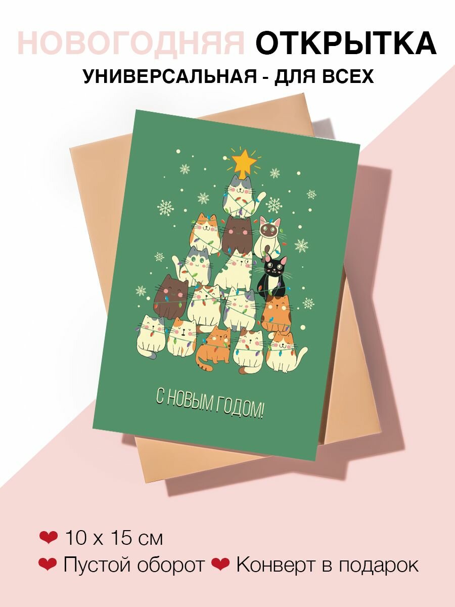 Новогодняя открытка с котиками в виде елки