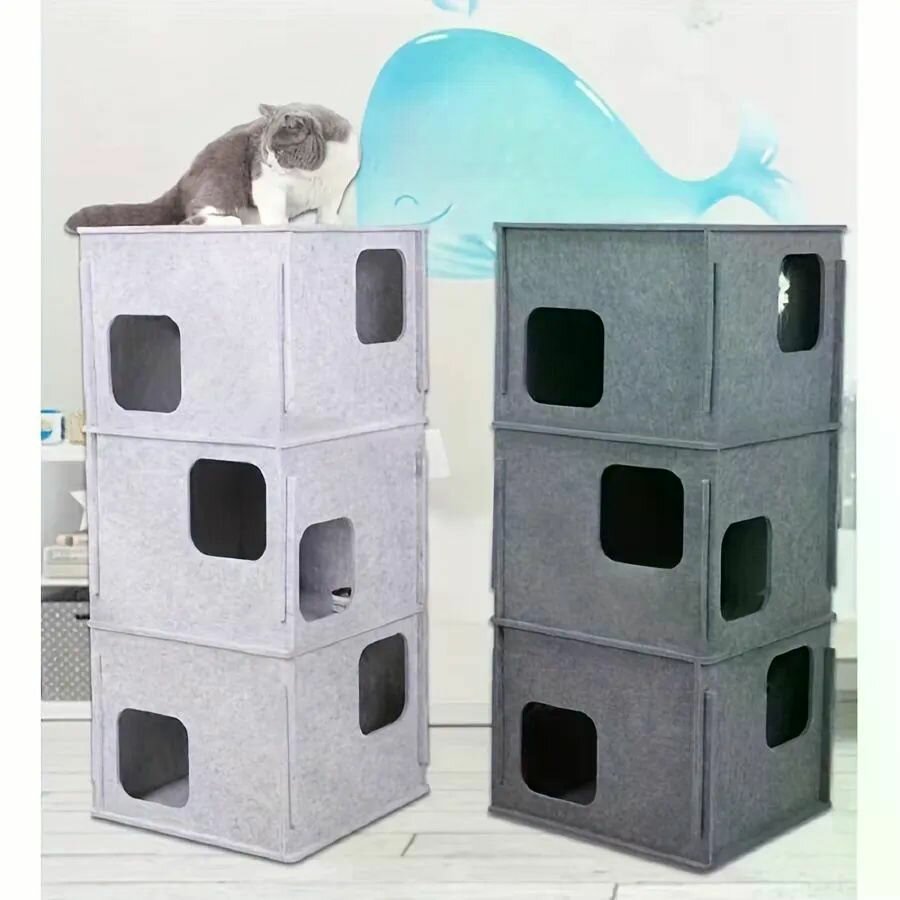 Кошачий домик,3-этажный домик для кошек, войлочный, водонепроницаемый, универсальный для всех сезонов, 43x43x100, светло-серый