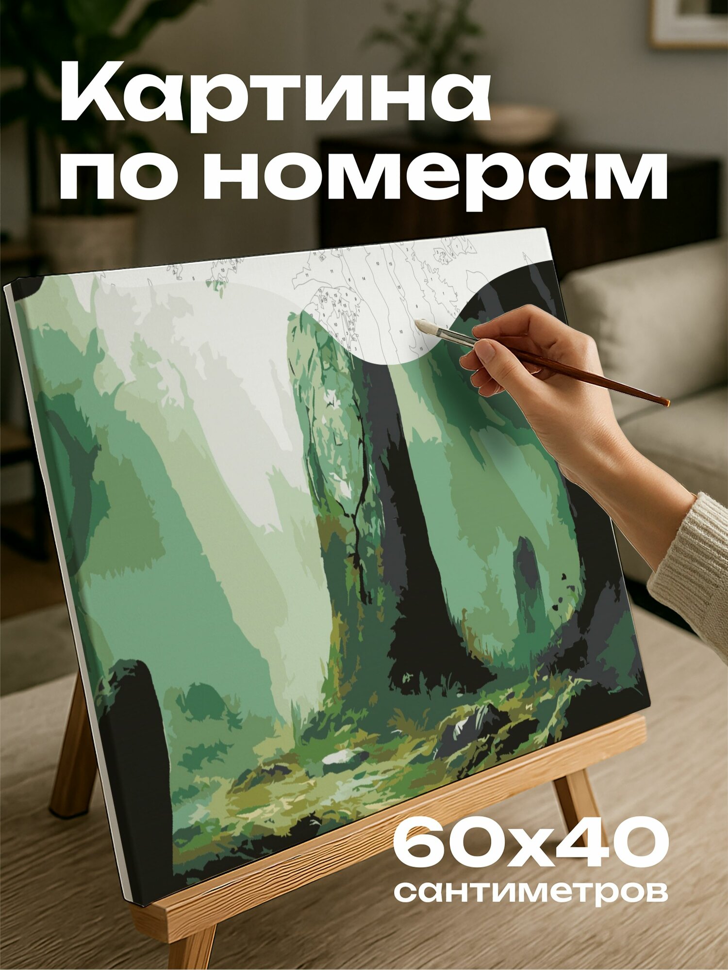 Картина по номерам 60x40 см, лес, туман, феи, мифические существа, деревья, камни, видео