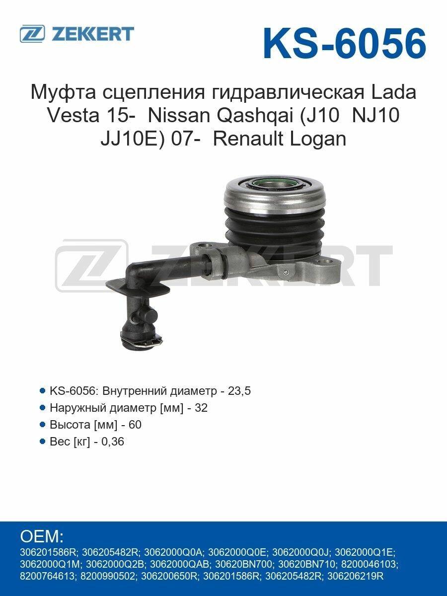 Zekkert Муфта сцепления гидравлическая Lada Vesta 15-, Nissan Qashqai (J10, NJ10, JJ10E) 07-, Renault Logan I, II 07-, Duster 12-