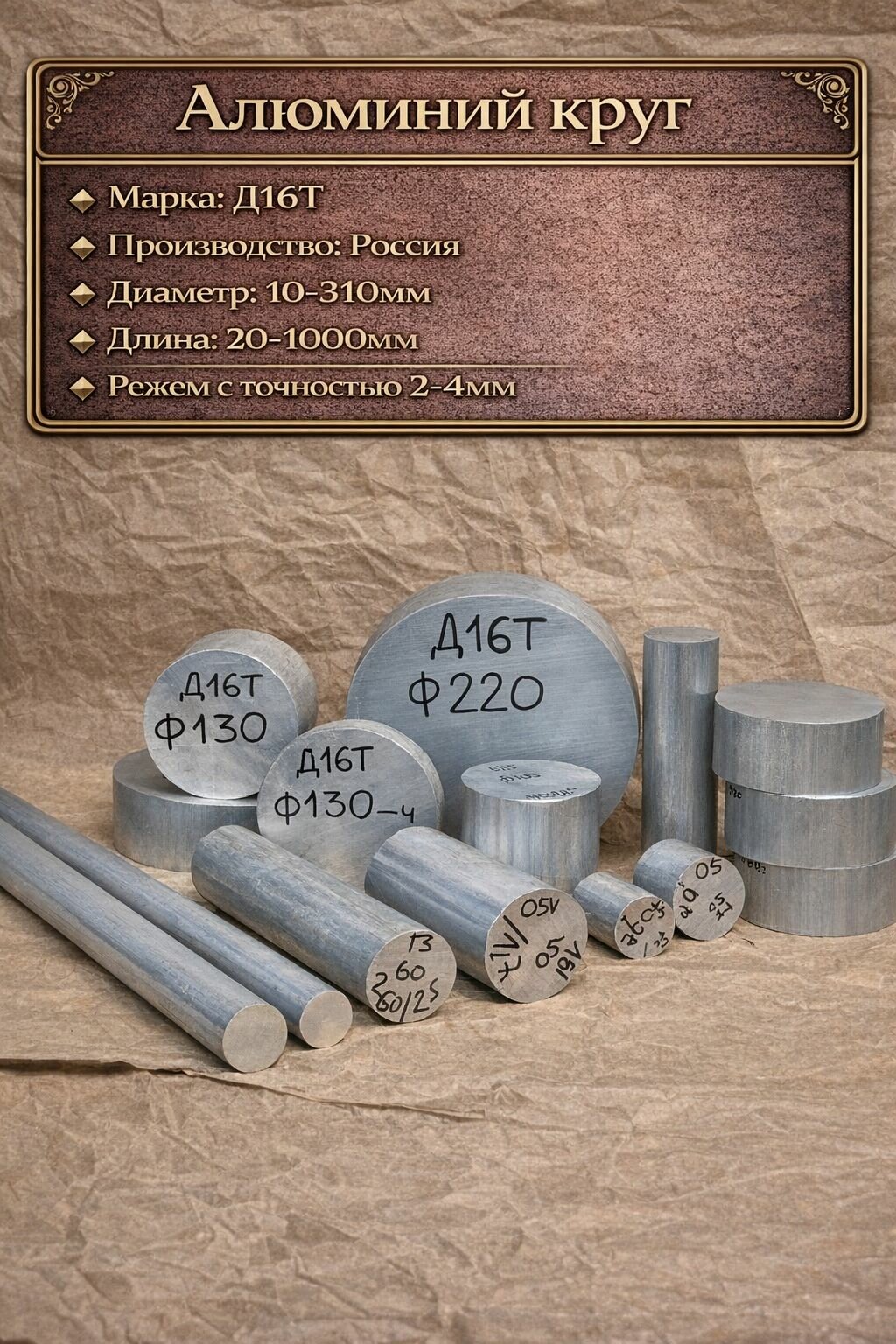 Алюминий (Дюраль) Д16Т Круг, Стержень, Диаметр 60мм, длина 100мм
