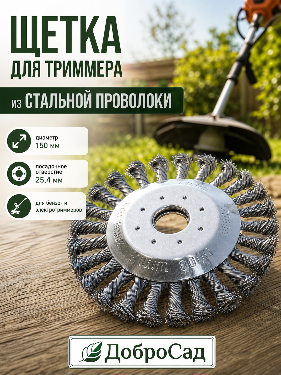 Щетка-полольник для триммера, круглая 150мм, стальная витая проволока, посадка 25.4мм