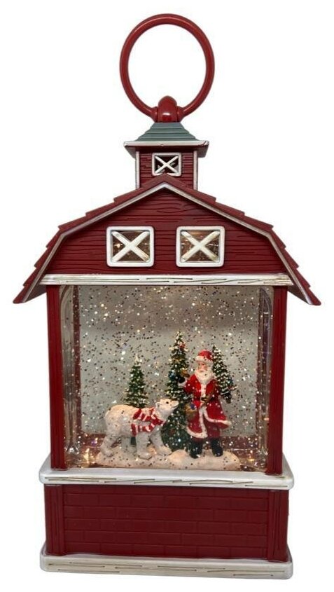 Новогодний фонарь со снегом музыкальный "Санта Клаус с медведем", красный