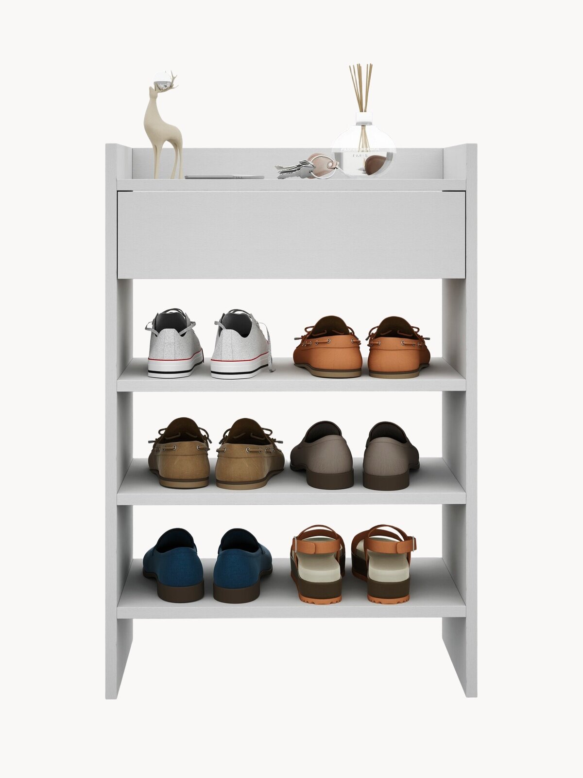 Обувница Лаура-5 белая в прихожую, тумба для обуви, закрытая деревянная, этажерка, полки, высокая ЛДСП, открытая