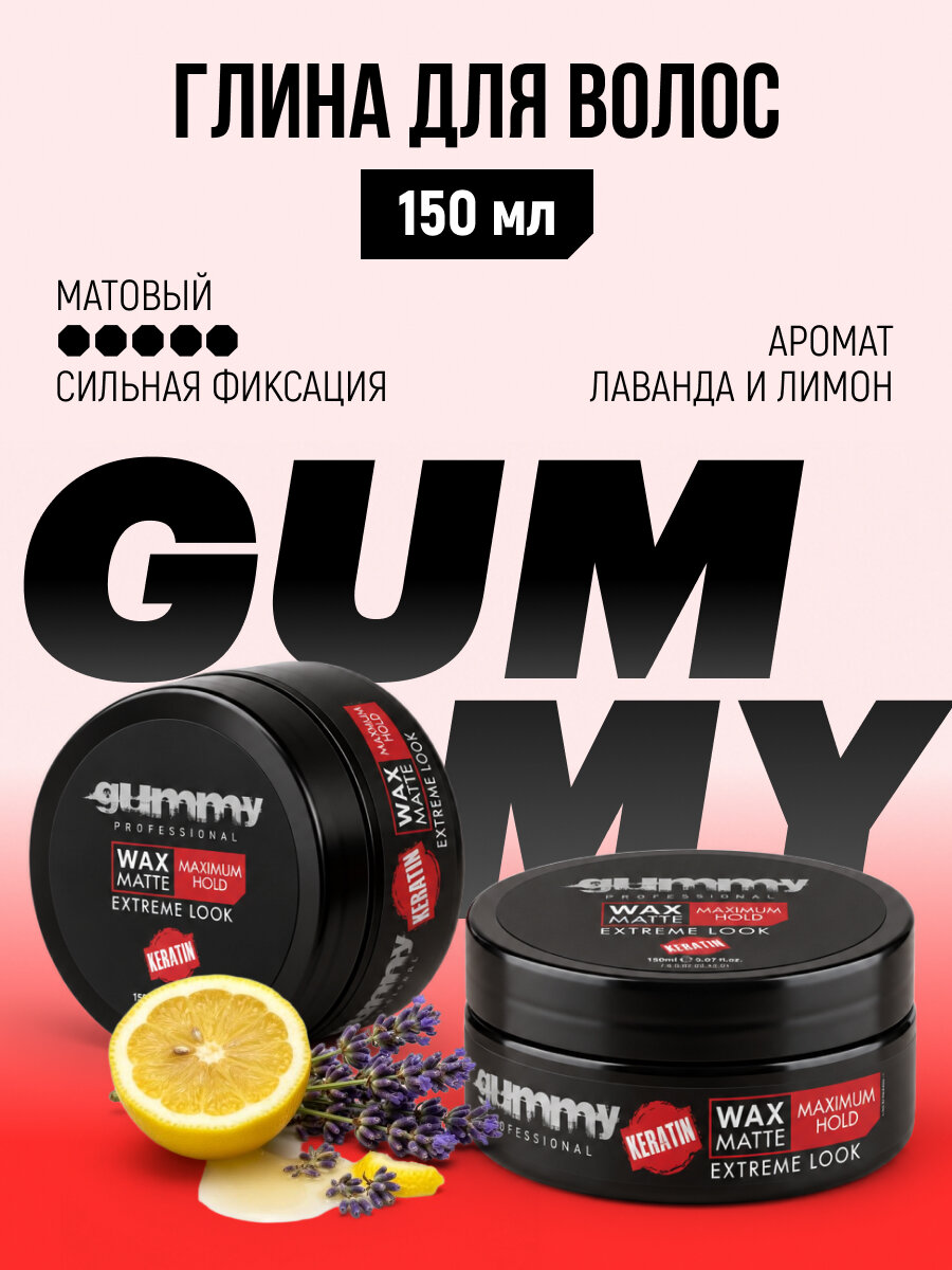 Матовая глина-воск для укладки волос Gummy Maximum Hold Keratin Matte, экстрасильная фиксация, 150 мл