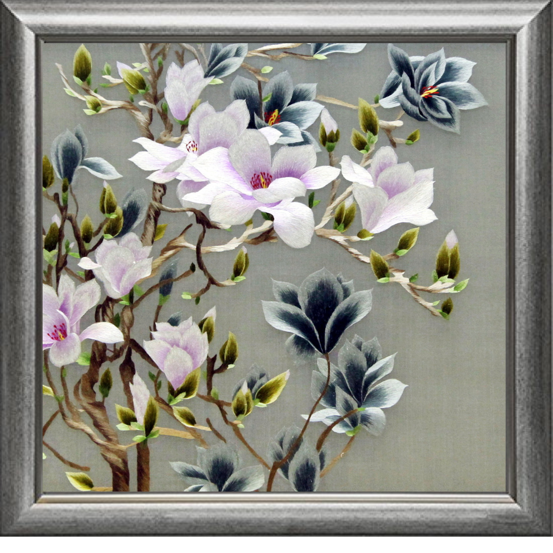 Картина Живой Шелк Ночная магнолия, вышивка шелком ручной работы с 3D эффектом, см70х70х3/багет+паспарту