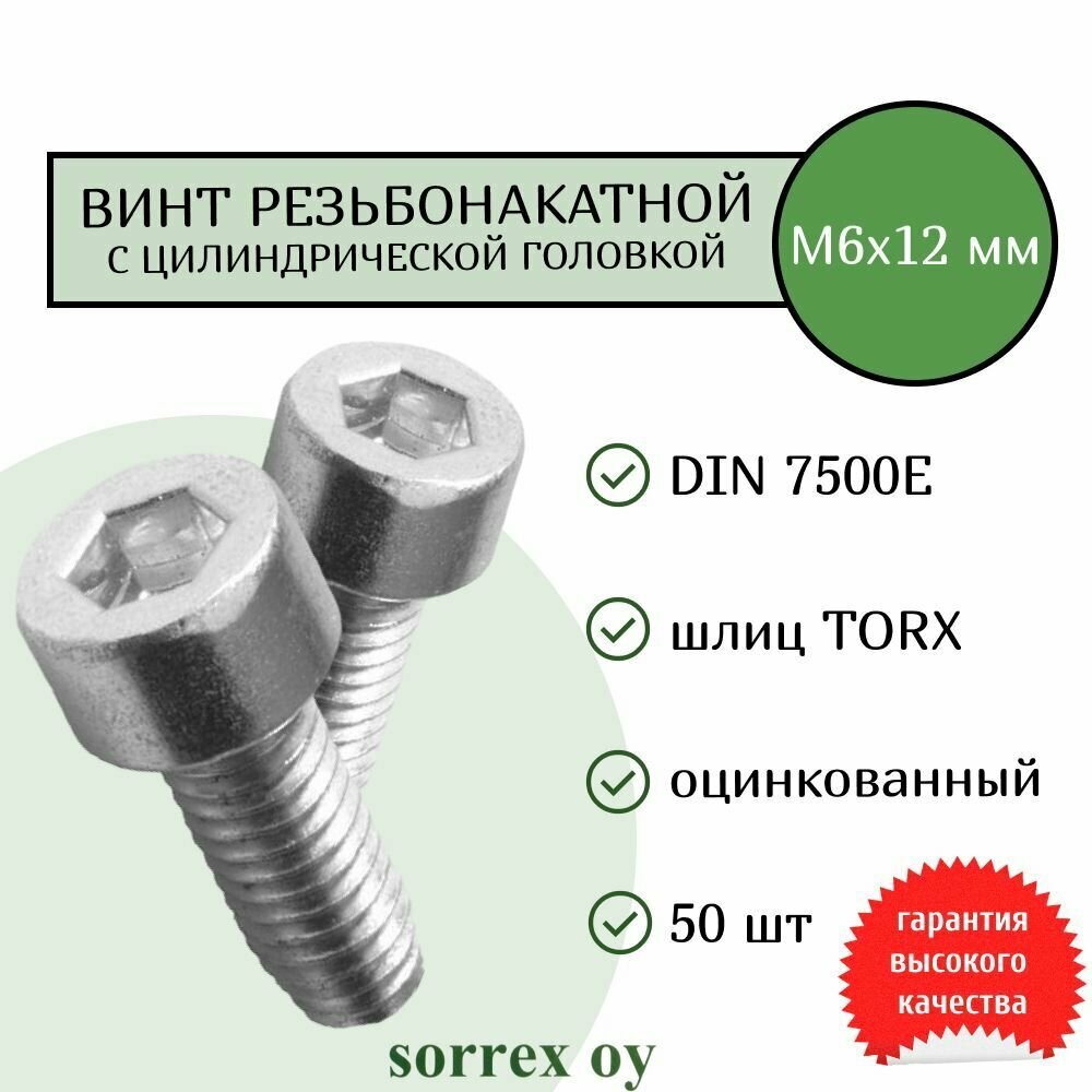 Винт М6х12 TORX резьбонакатной (резьбовыдавливающий) с цилиндрической головой DIN 7500E оцинкованный Sorrex OY (50 штук)