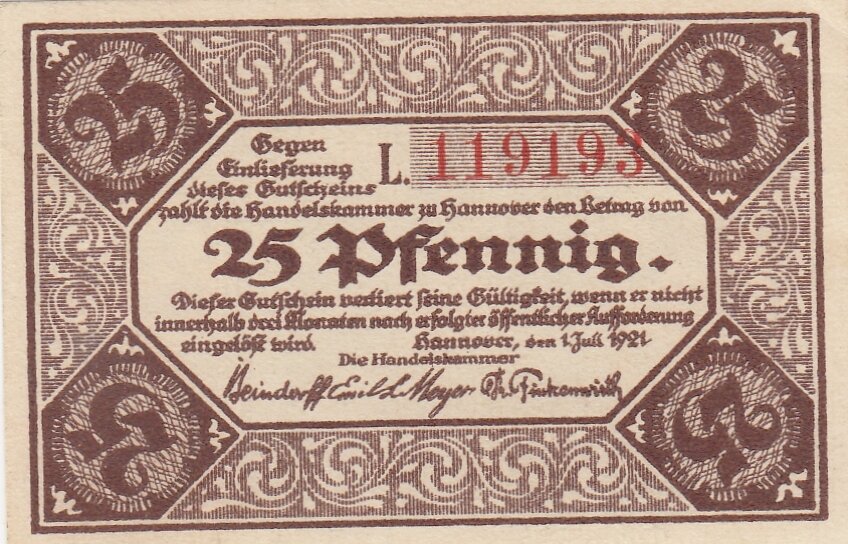 Германия (Веймарская Республика) Ганновер 25 пфеннигов 1921 г. (2)