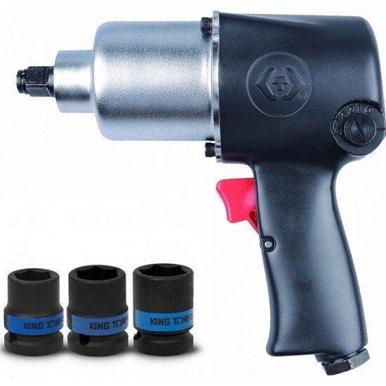 Гайковерт King Tony P33421-040B пневматический, ударный, 1/2", 678 Hм, в комплекте 3 торцевые головки