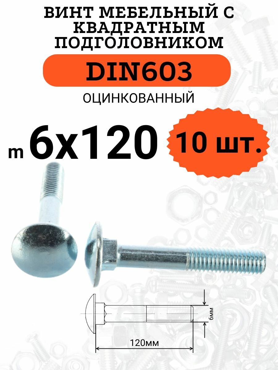 DIN603 6х120 винт мебельный с квадратным подголовником, 10 шт.