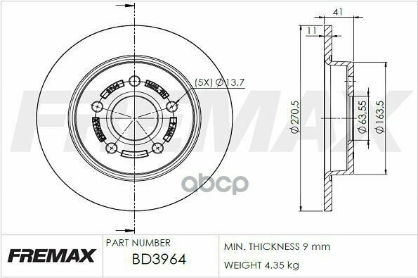 Диск тормозной задний! Ford Focus III 1.6-2.0 11> FREMAX арт. BD3964