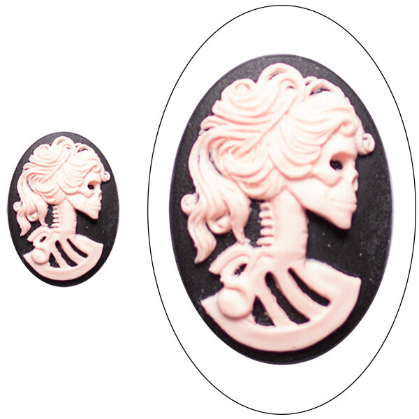 Камея акриловая, 25х18мм, девушка-скелет, розовая на черном, 1 шт.