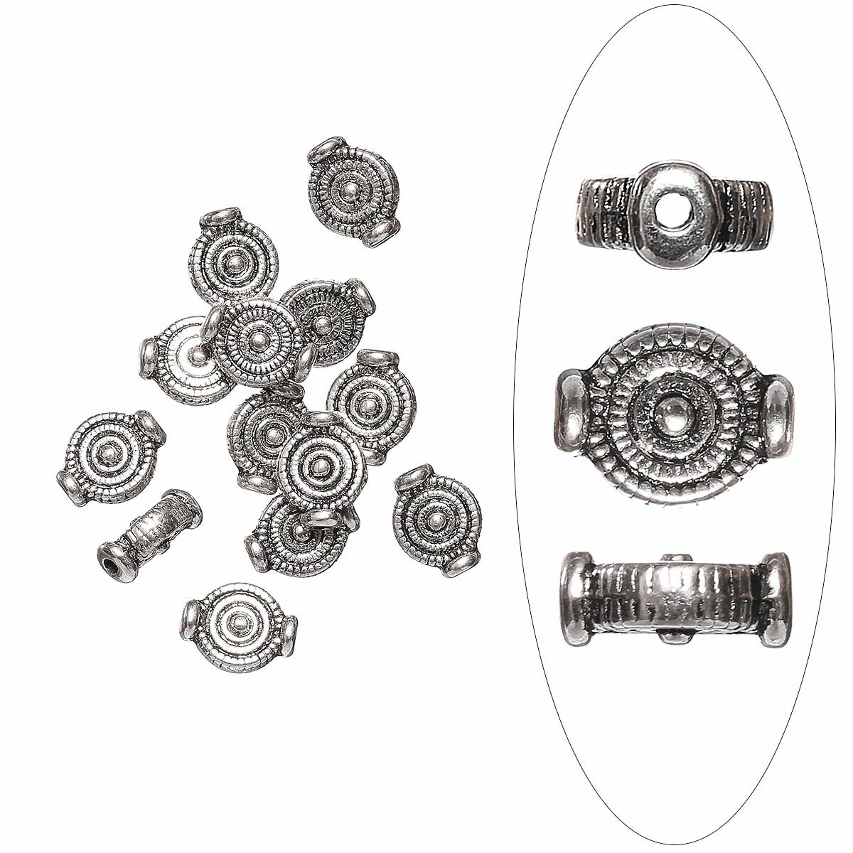 Бусина металлическая, 10х7х4мм, узорная, плоская, базовый материал - цинковый сплав, стиль тибетское серебро, 10 грамм