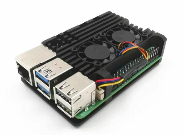 Металлический корпус для Raspberry Pi 5 с двумя охлаждающими вентиляторами с регулировкой оборотов, радиатор с двойным вентилятором PWM, алюминиевый охлаждающий корпус для рассеивания тепла с 2 кулерами, радиатор для микрокомпьютера.