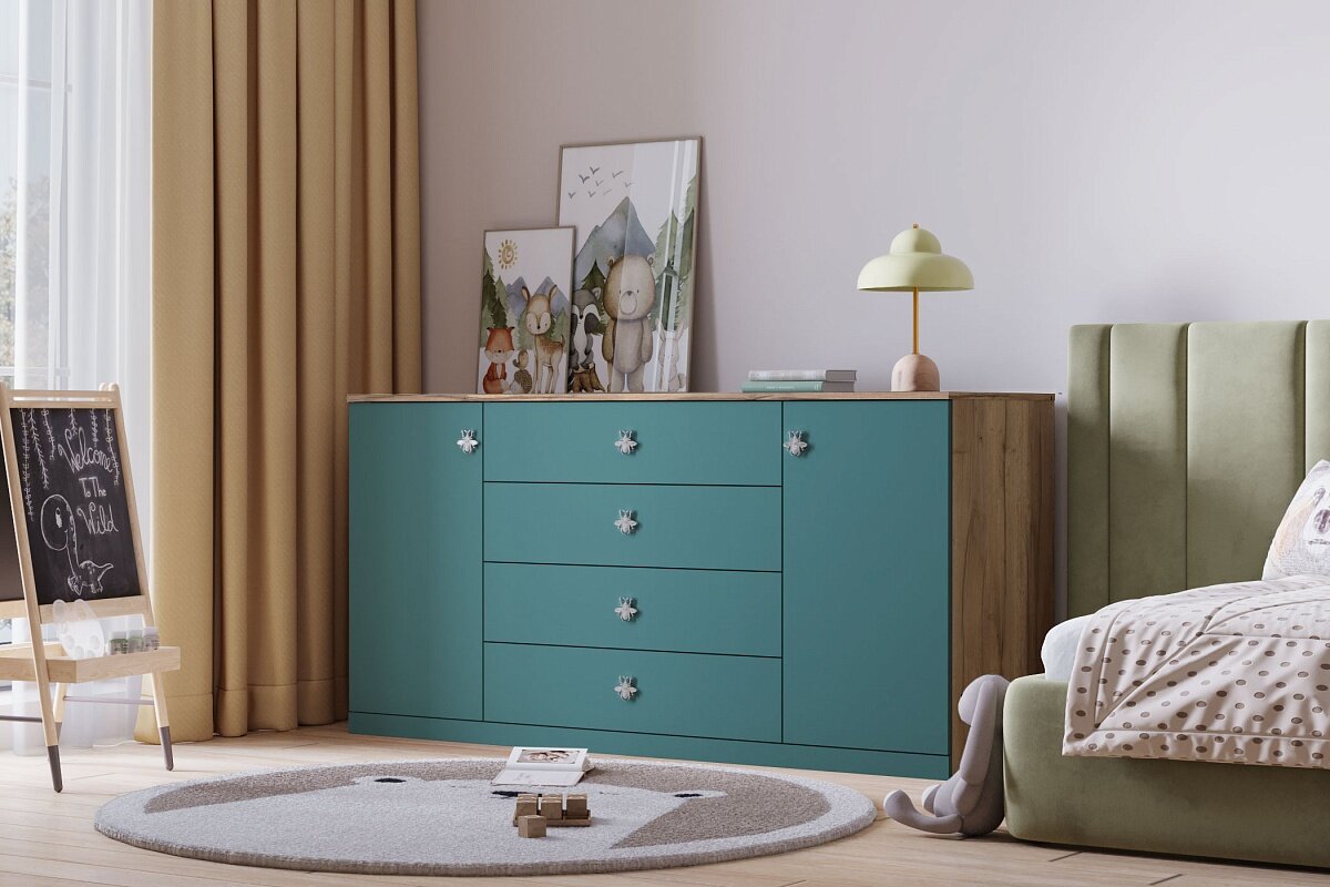 Комод МебельЛэнд24 Скарабей - 3 МДФ Аквамарин 160x52x80 синий двухдверный с 4 ящиками