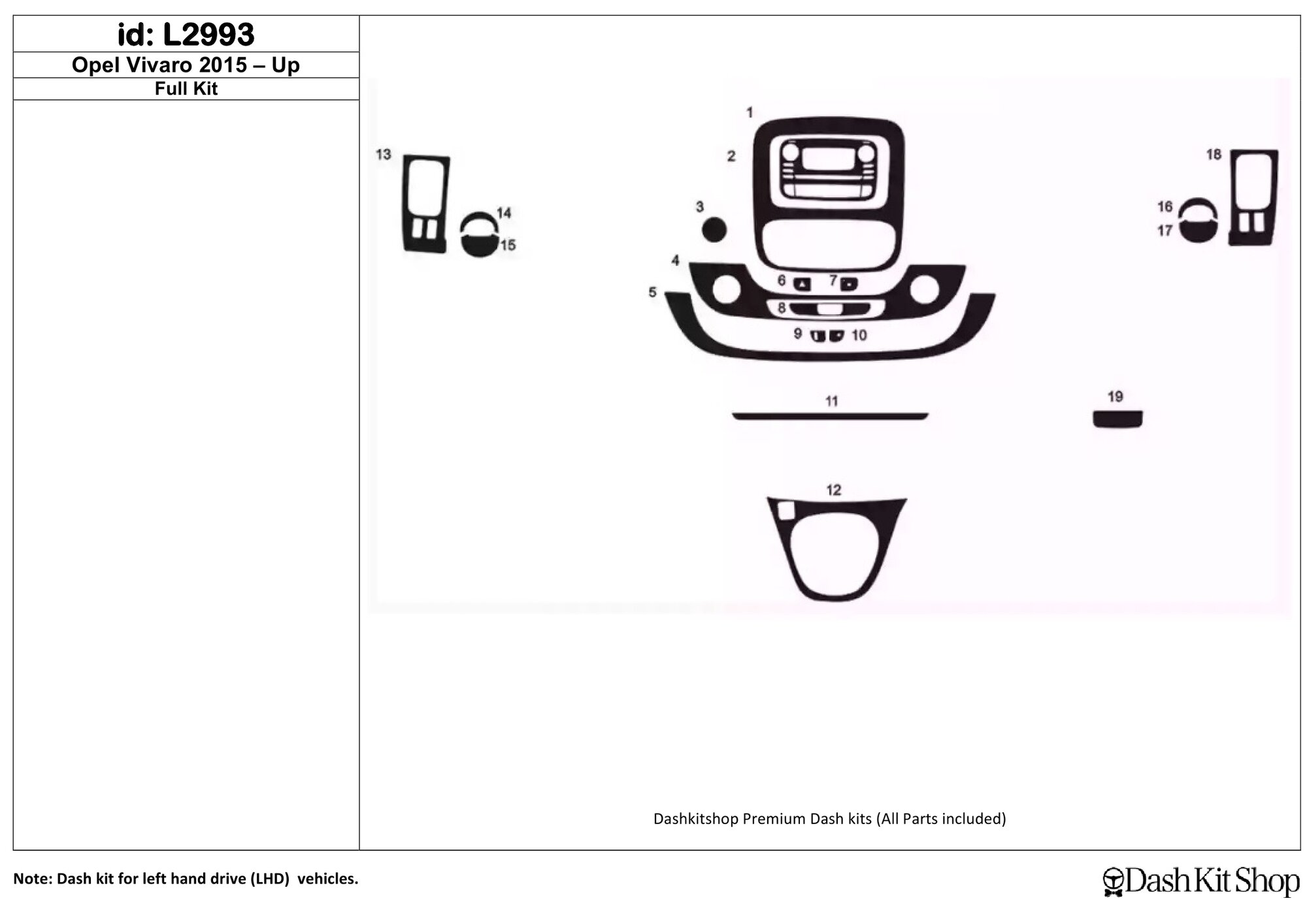 Накладки салона под дерево, карбон, алюминий для Opel Vivaro 2015-Up. Комплект L2993.