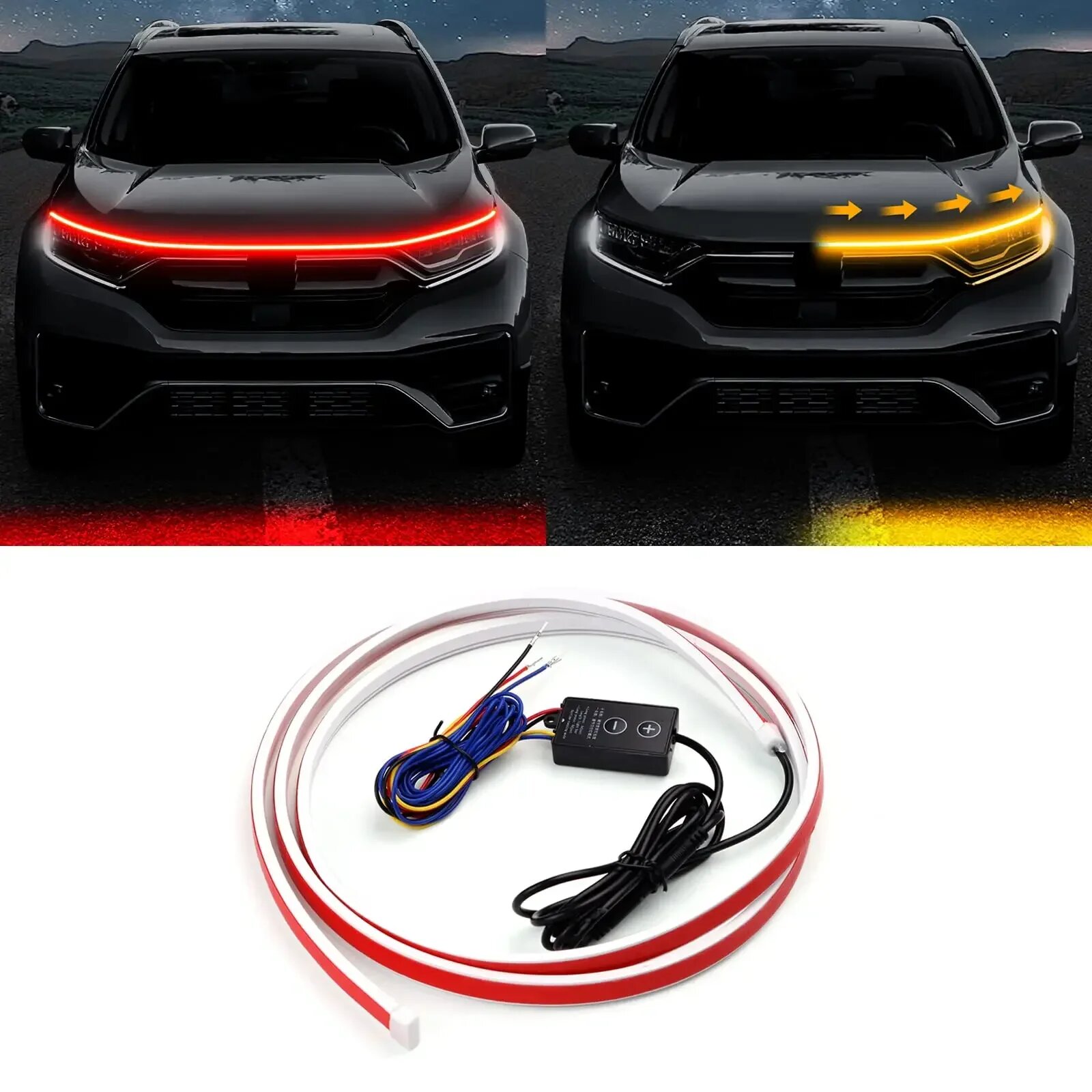 Светодиодные автомобильные дневные ходовые огни, полоса запуска, сканирование, желтый указатель поворота, фара, капот автомобиля, декоративный светильник, универсальный 12 В Dynamic Red Yellow, 1.8M(71in)