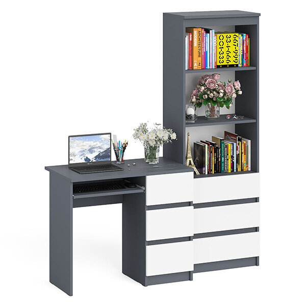 Стол компьютерный Мори МС-6 правый + Стеллаж МСТ600.3, цвет графит/белый