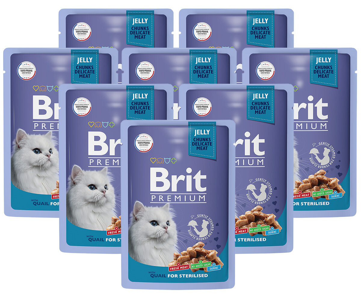 Корм влажный Brit Premium для взрослых кастрированных котов и стерилизованных кошек с перепелкой пауч кусочки в желе, 85 г х 8 шт