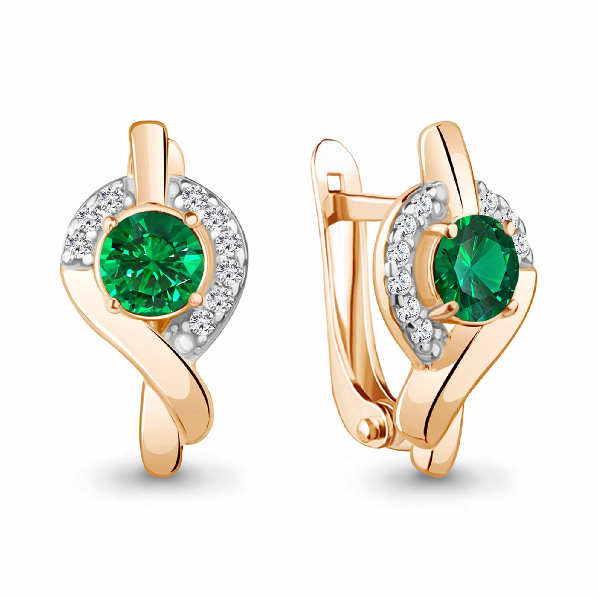 Серьги, серебро, 925 проба, золочение, изумруд синтетический, фианит