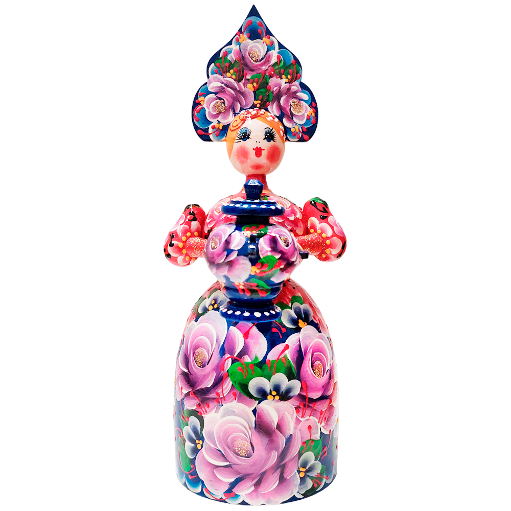 Деревянная музыкальная кукла ручной работы "Барыня с самоваром" (цветы)