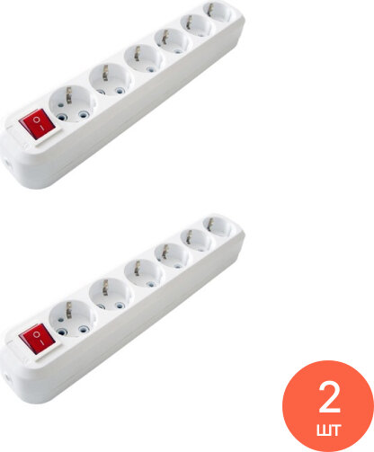 Блок розеток UNIVersal / Юниверсал 6 гнезд с выключателем и заземляющими контактами АБС пластик, белый S306 / колодка электрическая для удлинителя (комплект из 2 шт)